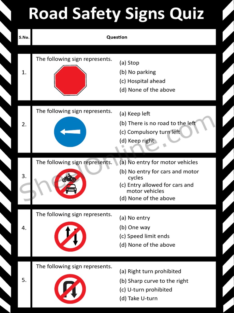 Quiz On Road Safety Signs | PDF | Road Traffic Safety | Service Industries