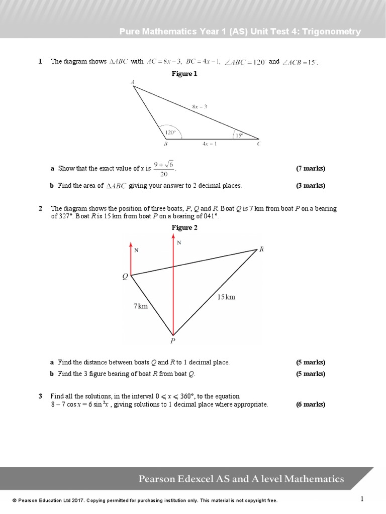 Pure Mathematics Year 1 (AS) Unit Test 4: Trigonometry: With and | PDF ...