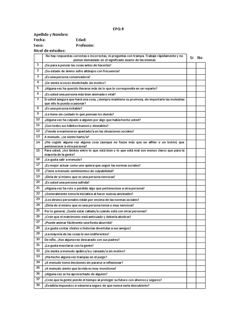 Test de Personalidad EPQ-R | PDF