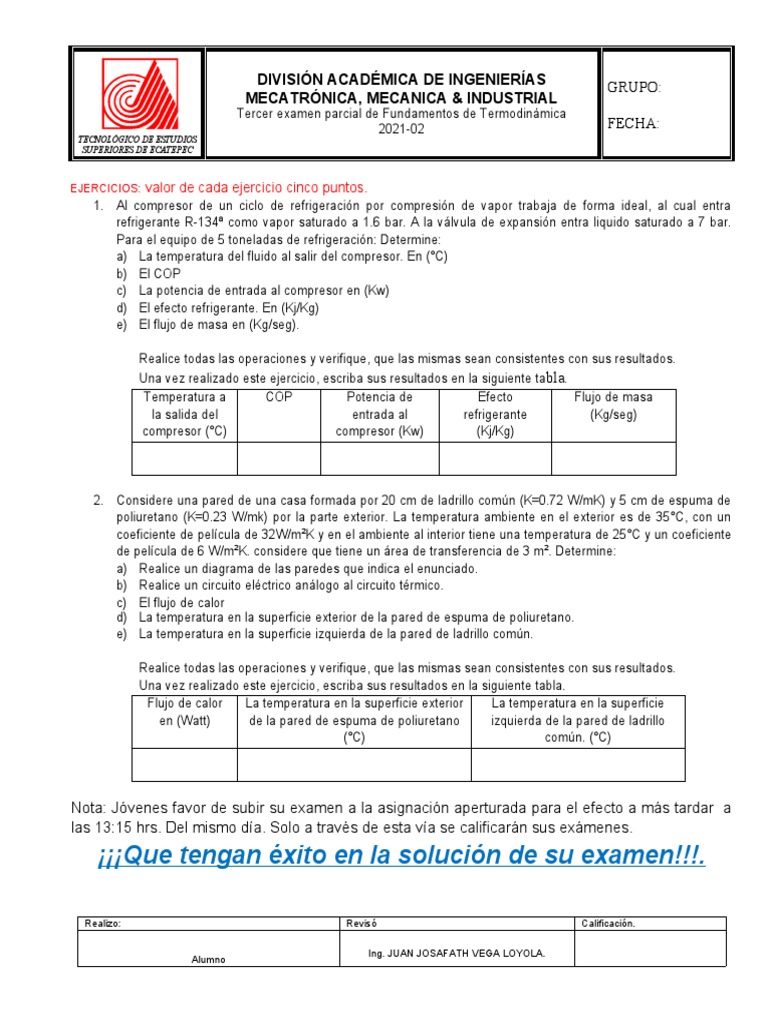 Exa Termo Tercer Parcial 2021-02 | PDF | Refrigeración | Temperatura