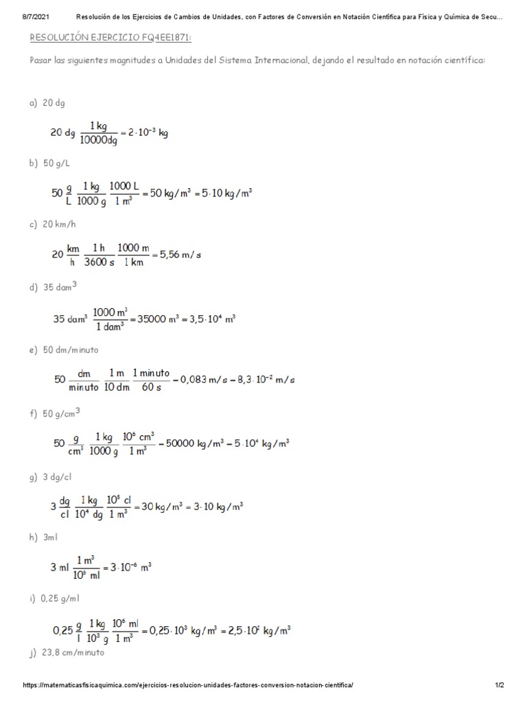 Resolución de Los Ejercicios de Cambios de Unidades, Con Factores de Conversión en Notación ...