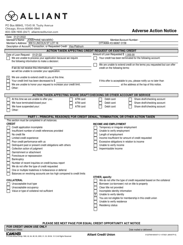 Adverse Action Letter - Primary | PDF | Credit Score | Finance & Money ...