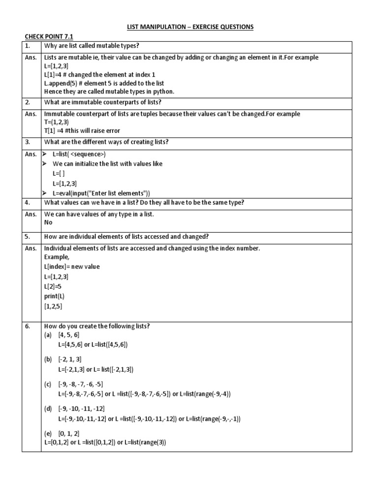 List Manipulation - Exercise Questions Check Point 7.1 | PDF | Function ...