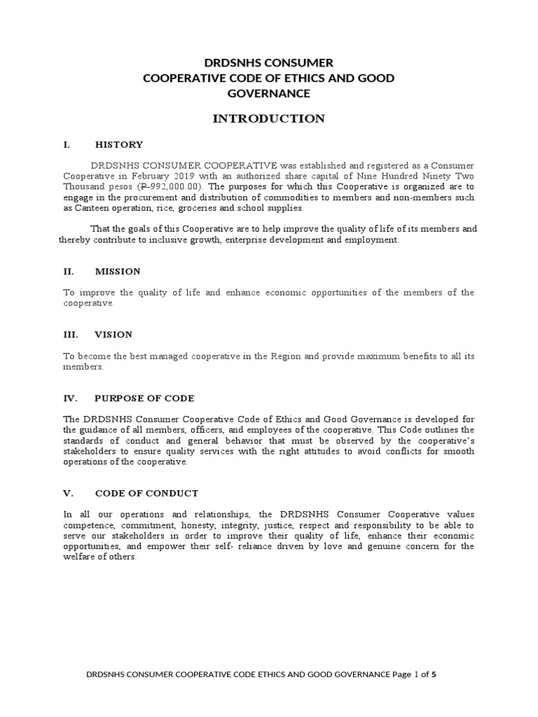 DRDSNHS Cooperative Ethics Code | PDF | Governance | Cooperative