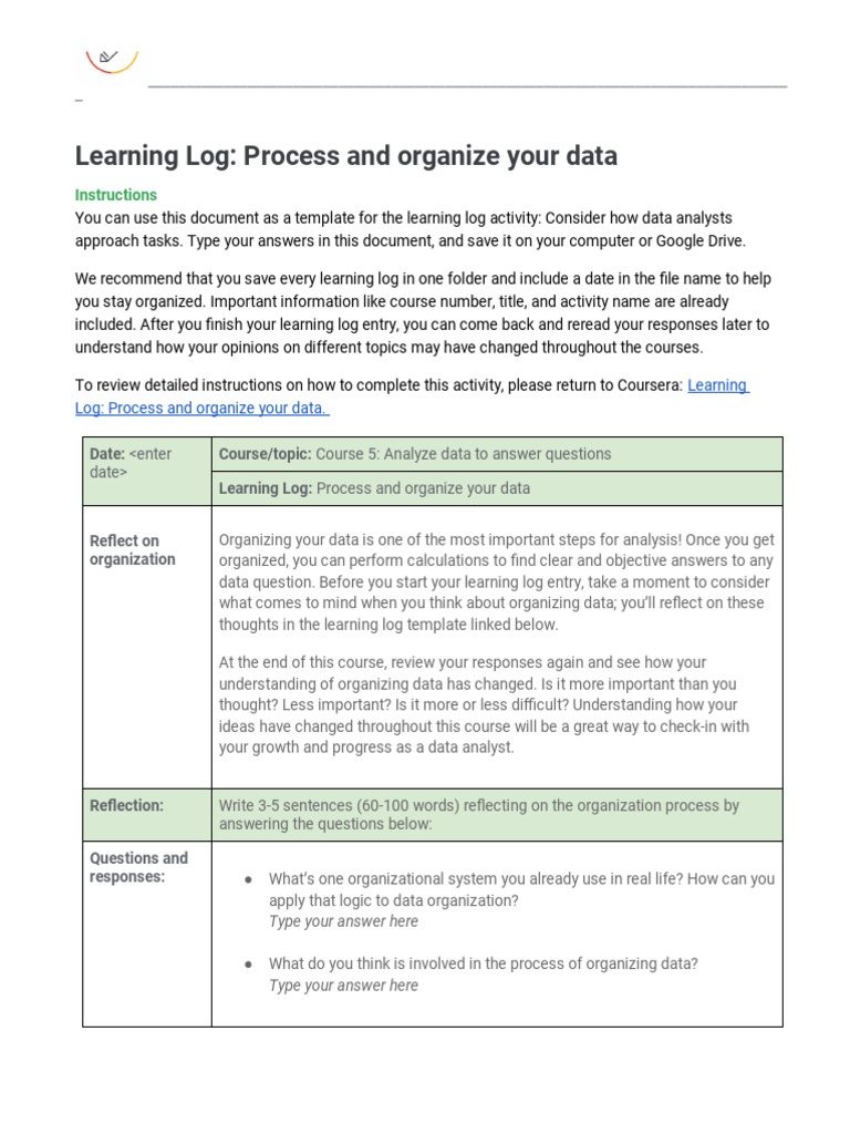 Learning Log: Process and Organize Your Data: Instructions | PDF | Data ...