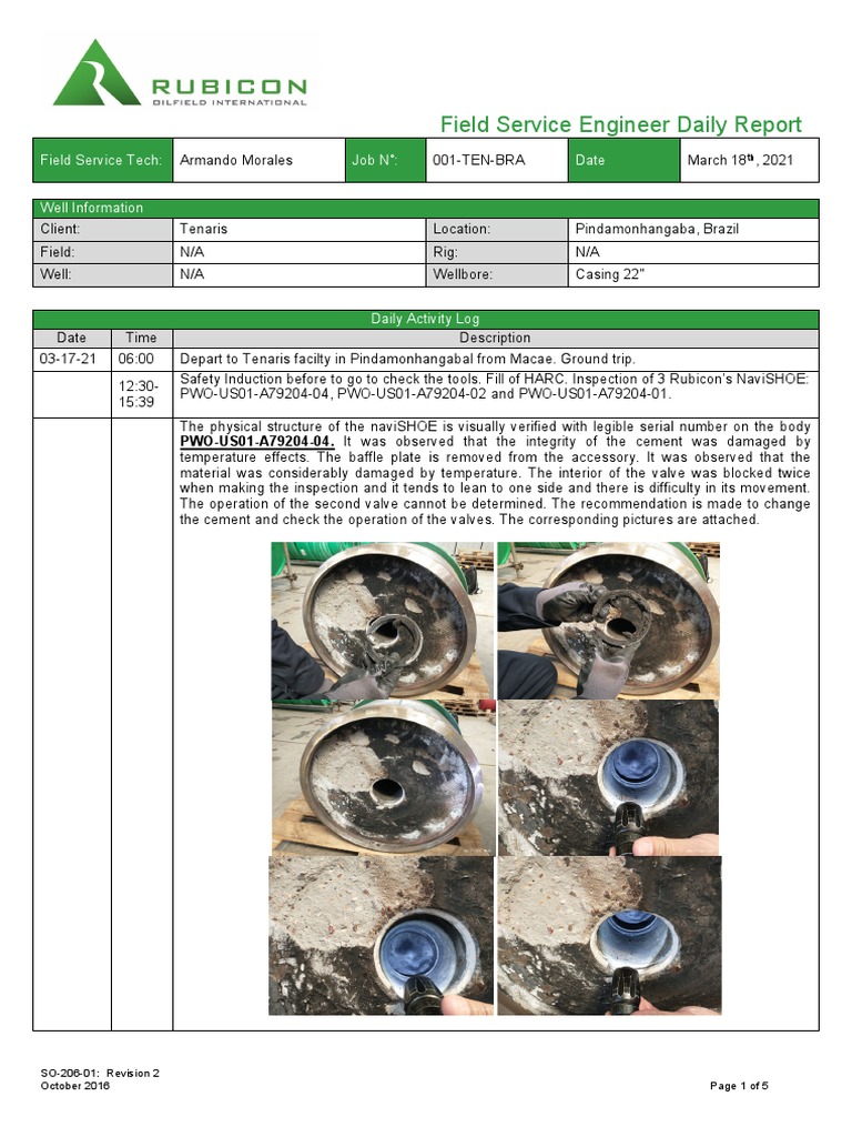 Field Service Engineer Daily Report: Field Service Tech: Job N : Date ...
