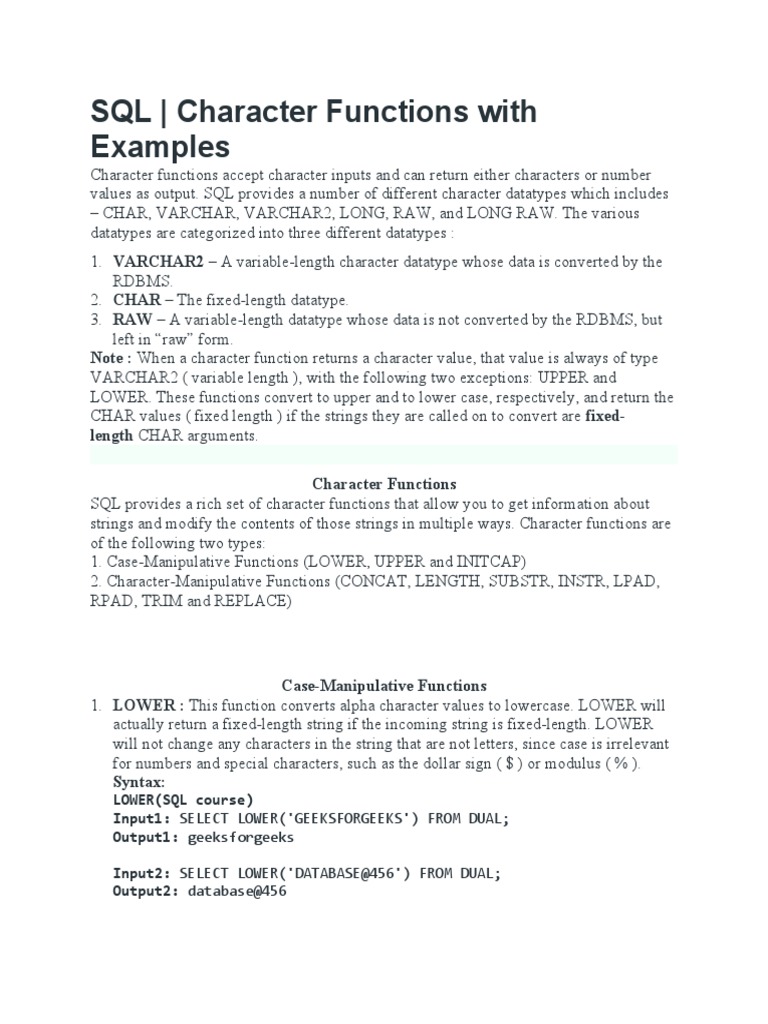 SQL Character Functions | PDF | String (Computer Science) | Data Type