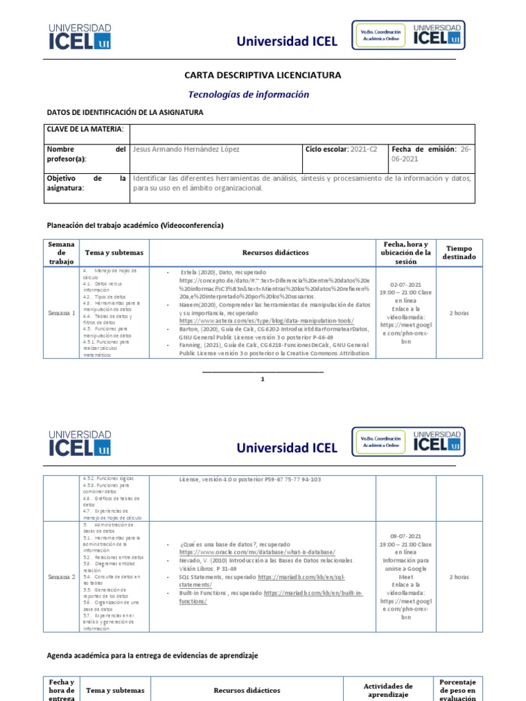 Carta Descriptiva Tecnologías de Información | PDF | Bases de datos ...
