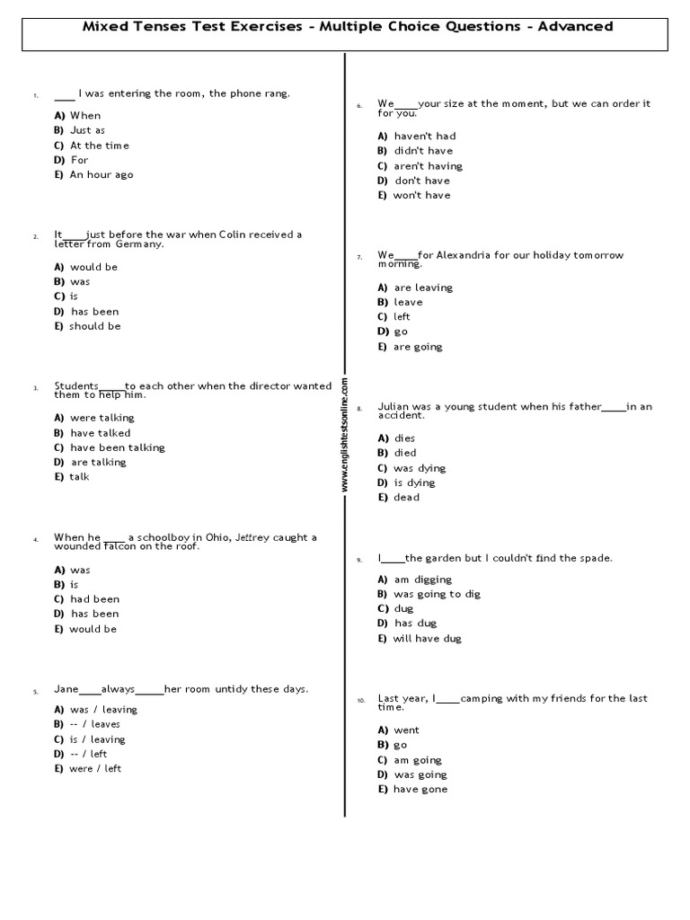 Mixed Tenses Test Exercises - Multiple Choice Questions - Advanced | PDF