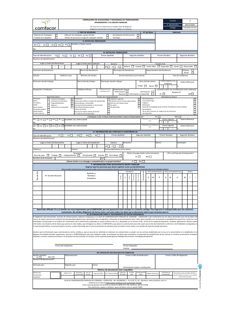 FO-MISF-AFI-04 Formulario Afiliaciones y Novedades de Trabajadores ... FO-MISF-AFI-04 Formulario Afiliaciones y Novedades de Trabajadores ...