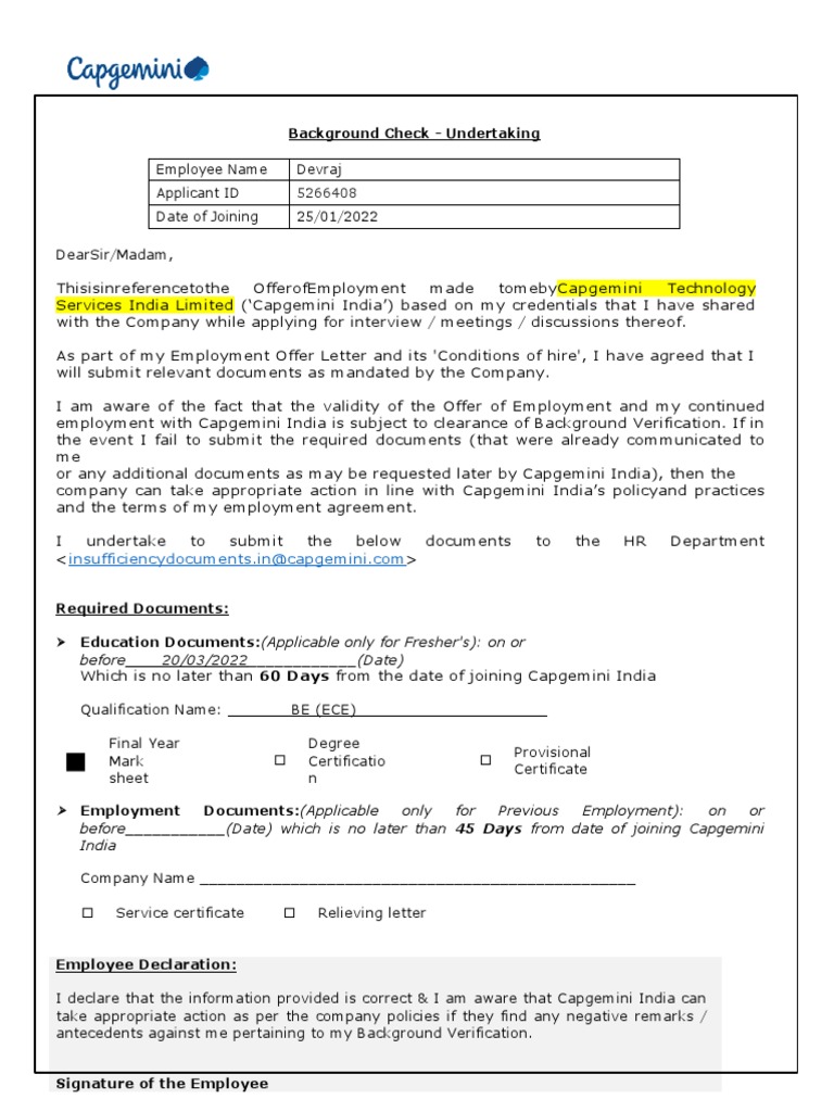 Background Check - Undertaking: Before - 20/03/2022 - (Date) | PDF
