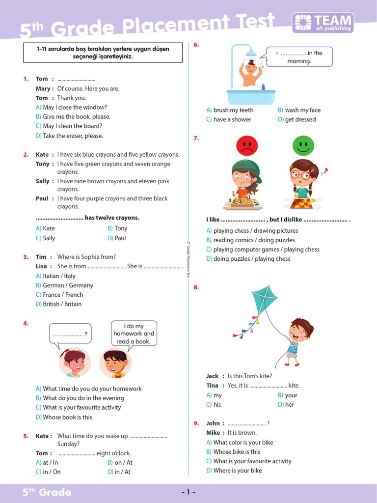 5th Grade English Placement Test | PDF
