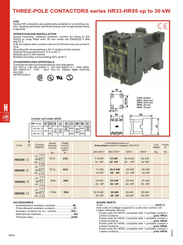 THREE-POLE CONTACTORS Series HR33-HR55 Up To 30 KW: Control Coil Codes ...
