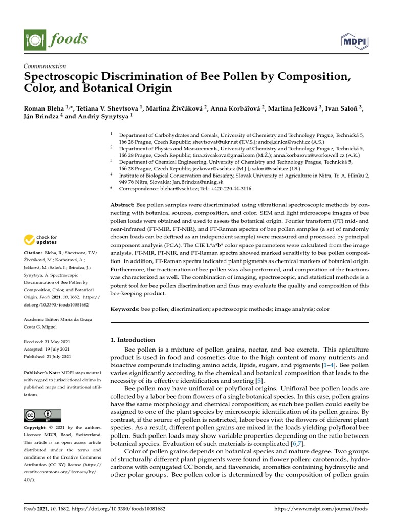 Foods: Spectroscopic Discrimination of Bee Pollen by Composition, Color ...