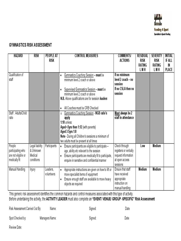 Example Gymnastics Risk Assessment | PDF | First Aid | Risk Assessment