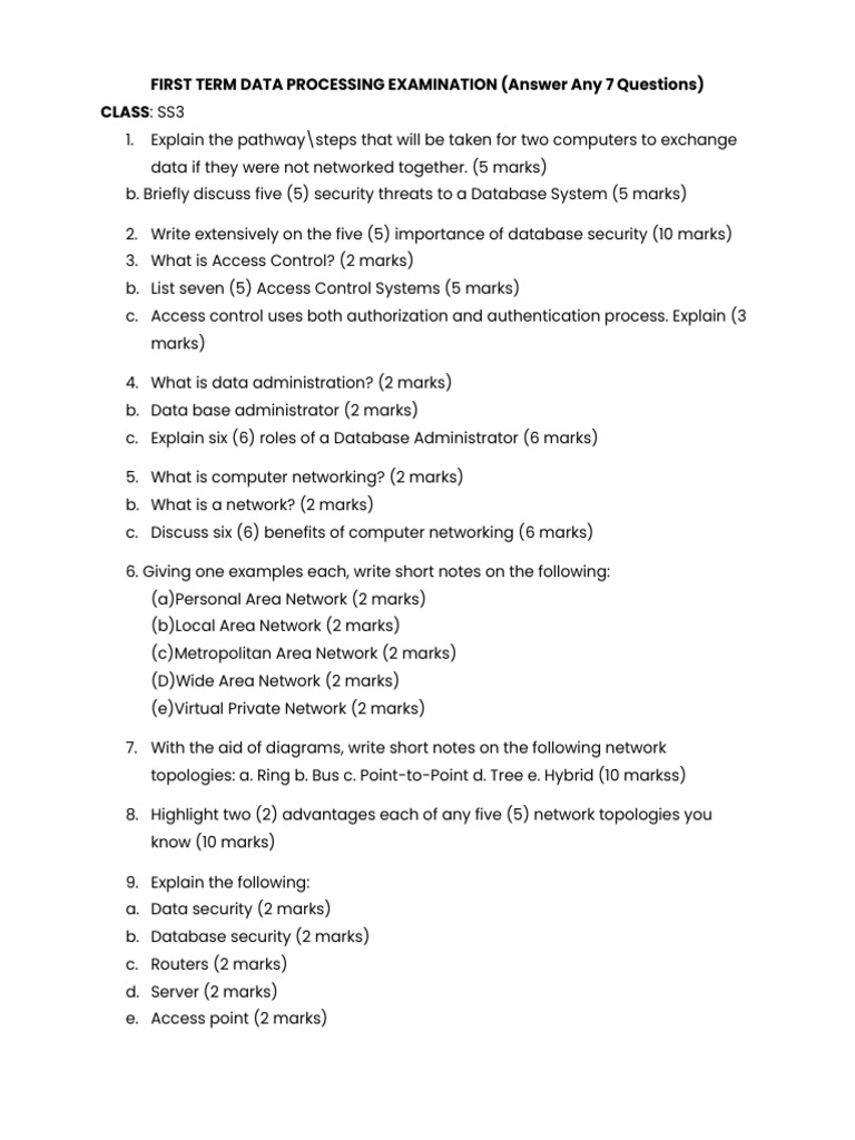 First Term Data Processing Examination (Answer Any 7 Questions) Class: Ss3 | PDF | Data Model ...