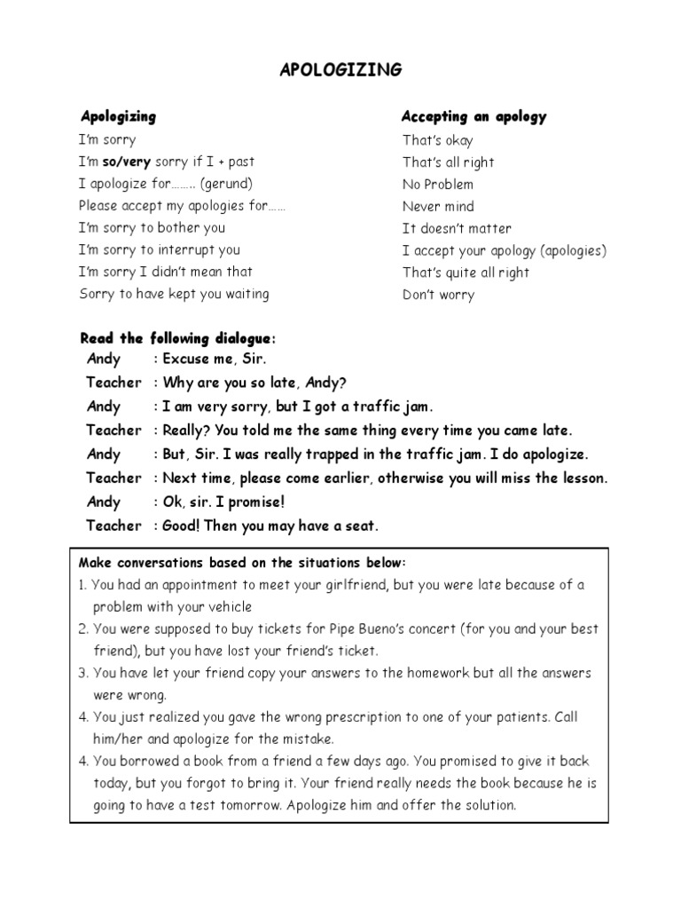 Apologizing-Worksheet - Topic 2 | PDF