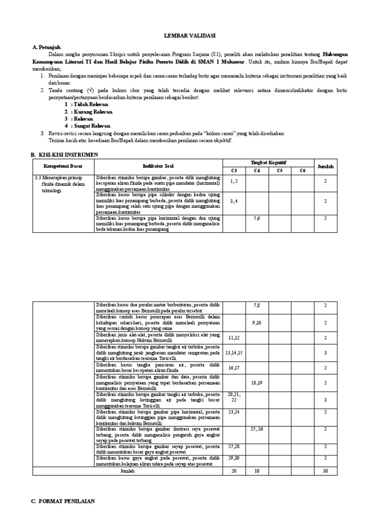 Lembar Validasi Instrumen Tes - Hasil Belajar Fisika | PDF