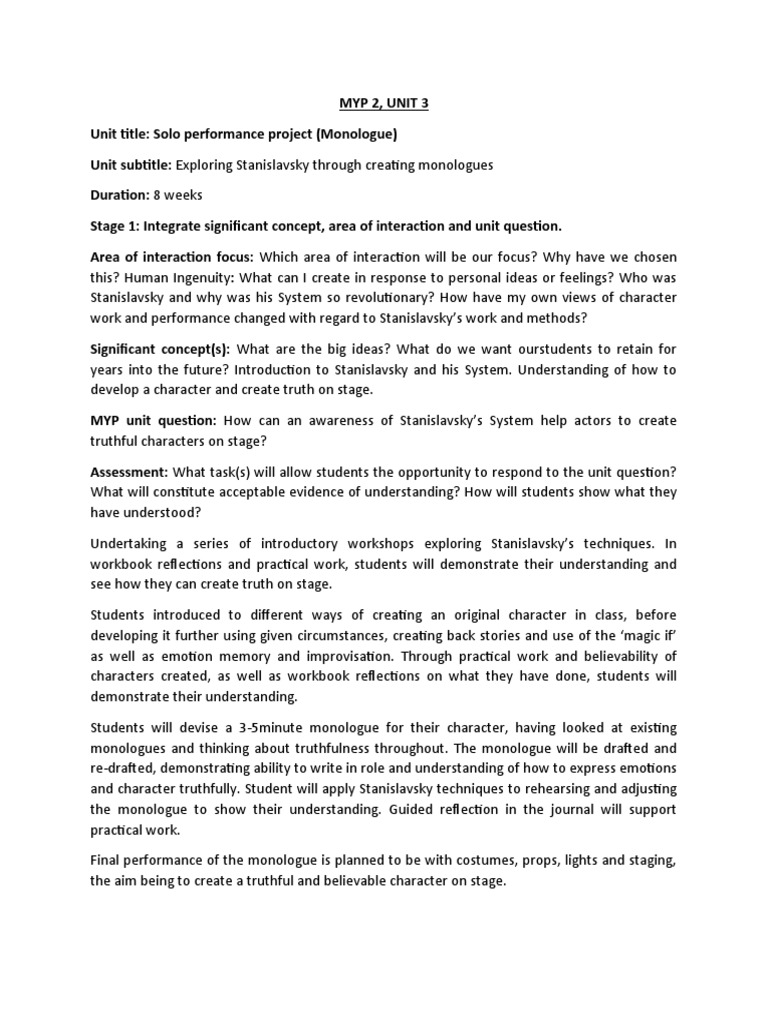 MYP2 Unit Planner MONOLOGUE | PDF | Learning | Rubric (Academic)