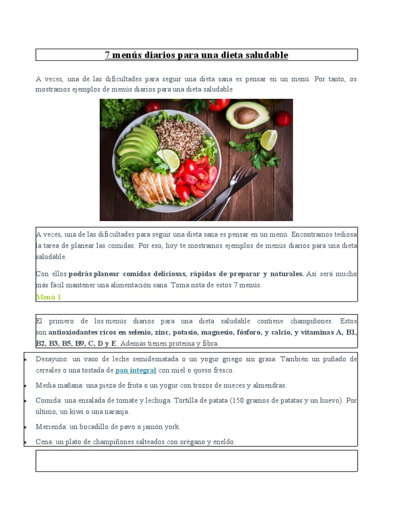 7 Menús Diarios para Una Dieta Saludable | PDF | Dieta | Vegetales