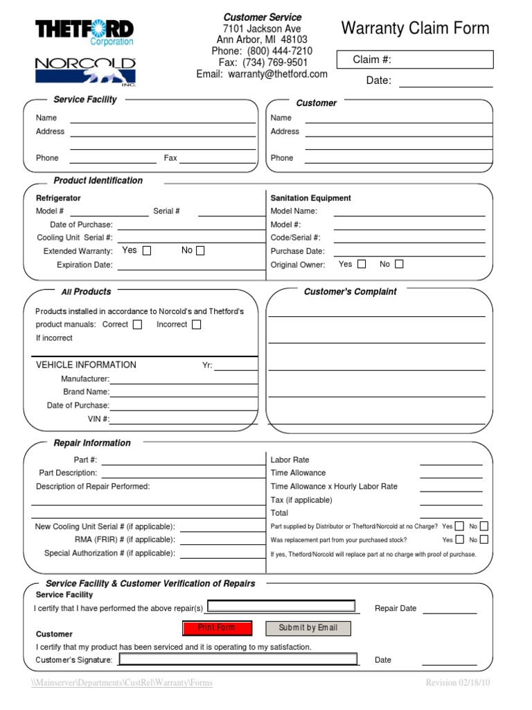 Thetford Warranty Claim Form | PDF