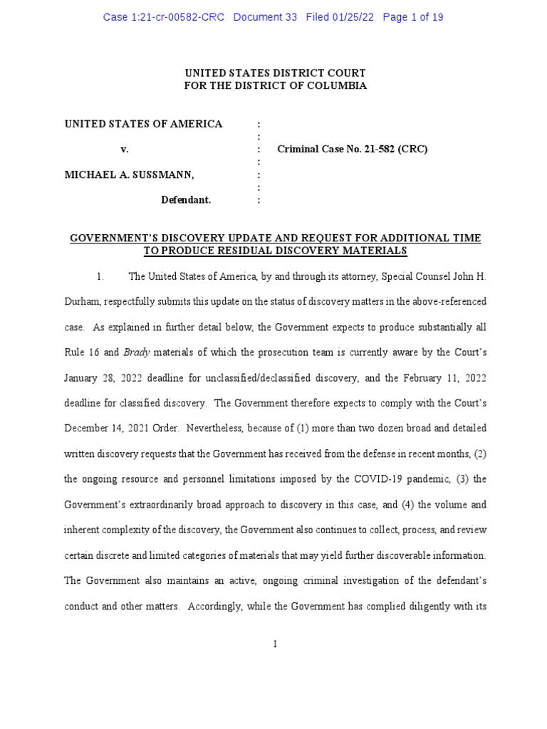 USA vs. Sussmann - Durham Discovery Update | PDF | Discovery (Law ...
