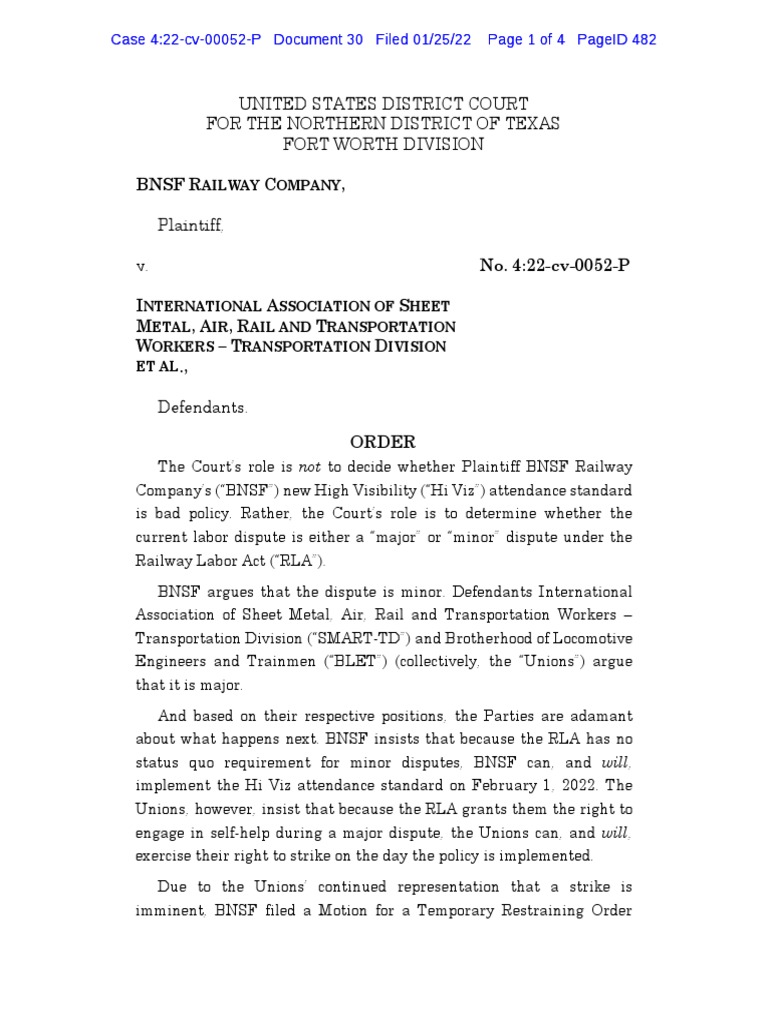 Judge Grants BNSF Temporary Restraining Order | PDF | Injunction | Strike Action