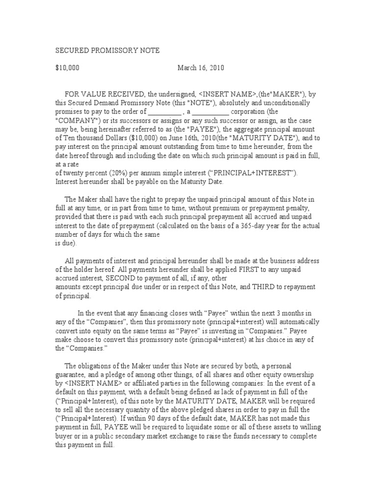 Secured Promissory Note Template | PDF | Promissory Note | Bankruptcy