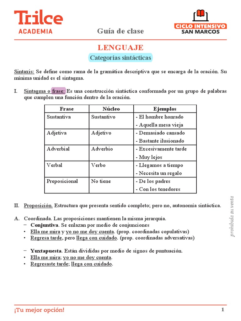 Guía de Sintaxis y Oraciones en Español | PDF | Oración (Lingüística ...