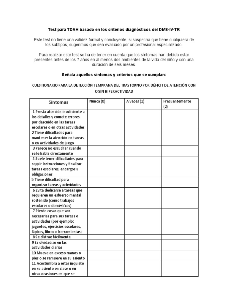Test TDAH y TEA: Criterios DMS-IV-TR | PDF | Desorden hiperactivo y ...