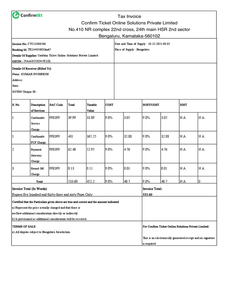Tax Invoice for Confirm Ticket Services | PDF | Invoice | Receipt