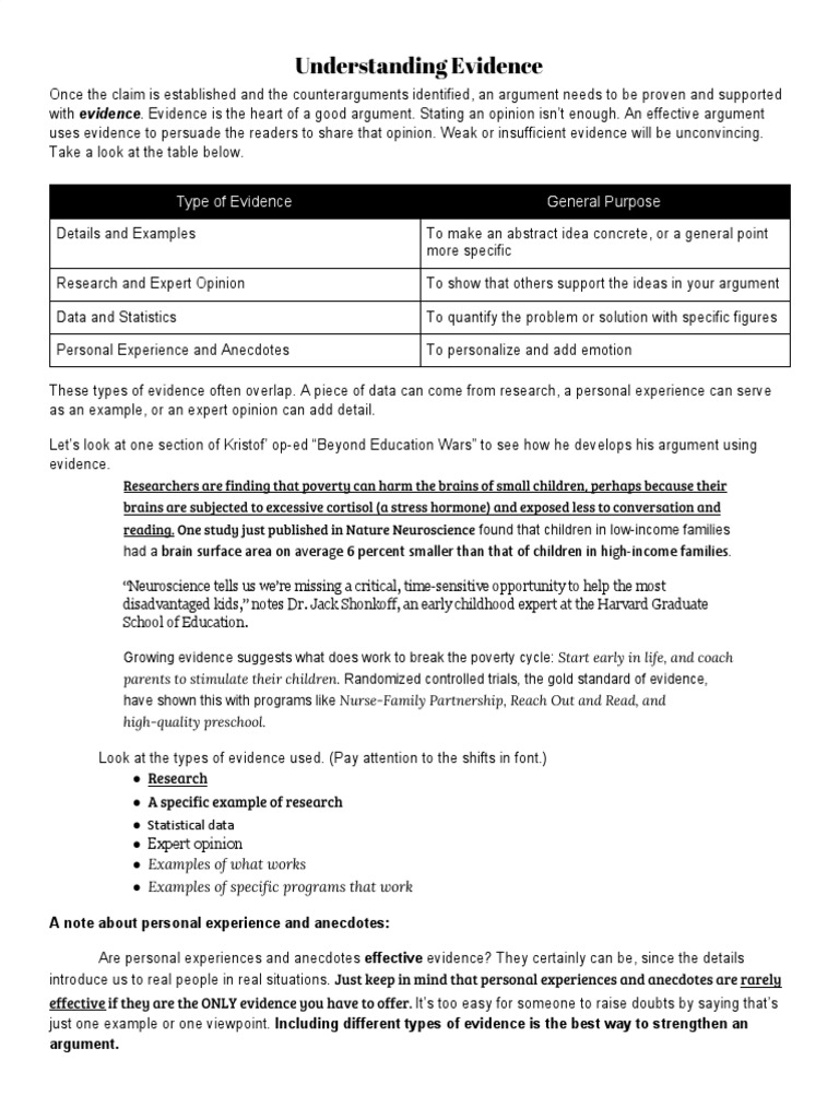 Understanding Evidence: Type of Evidence General Purpose | PDF ...