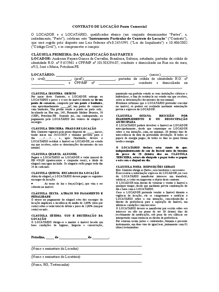 Contrato de Locação de Ponto Comercial | PDF | Aluguel | Economias