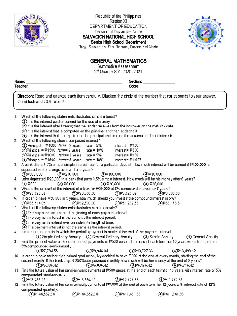 2ND Summative Test-General Mathematics | PDF | Stocks | Interest