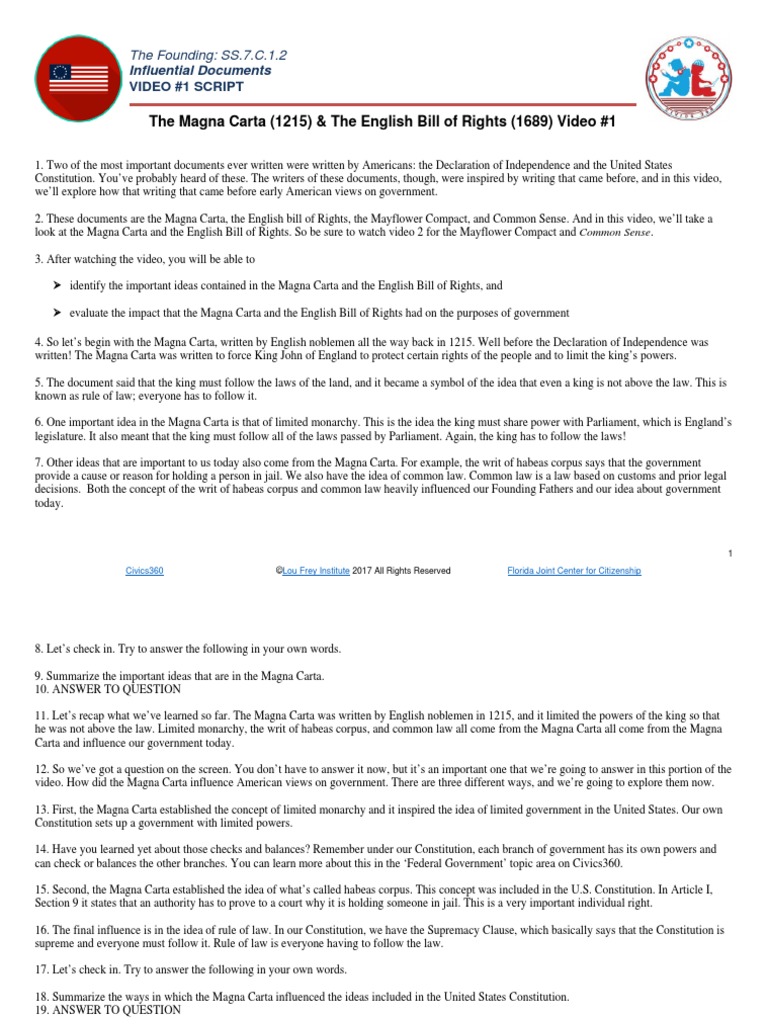 The Magna Carta (1215) & The English Bill of Rights (1689) Video #1 ...