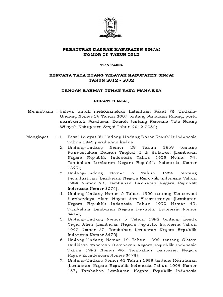 Perda No. 28 TH 2012 RTRW Kab. SInjai | PDF