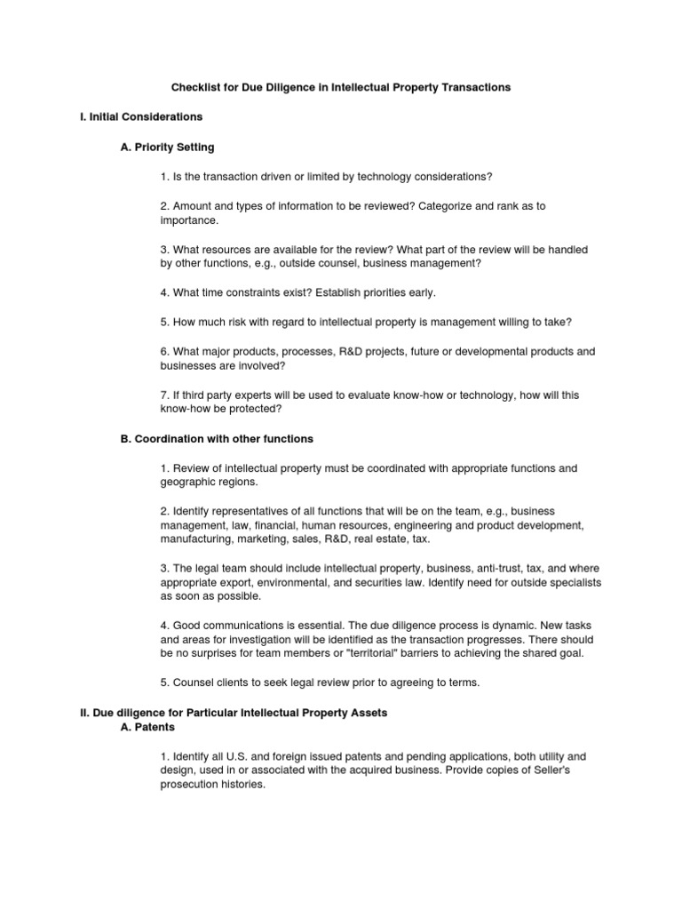 Checklist For Due Diligence in Intellectual Property Transactions | PDF ...