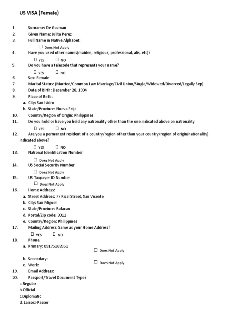 US VISA (Female) : Does Not Apply YES NO YES NO | Download Free PDF ...