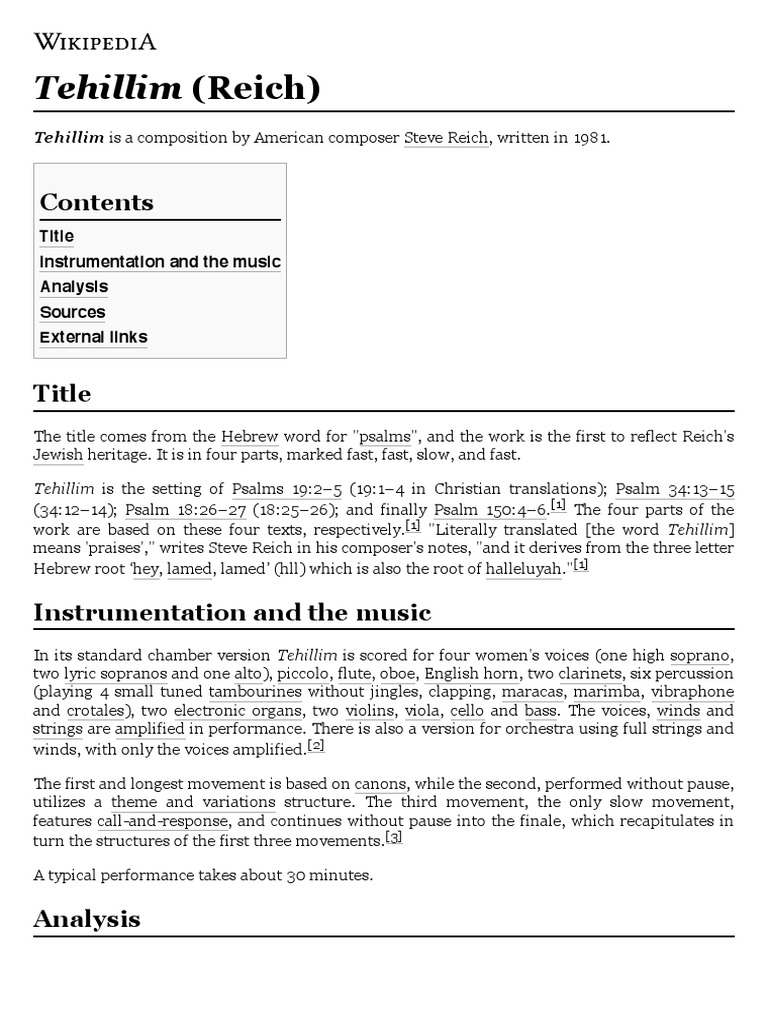 Tehillim (Reich) - Wikipedia | PDF | Musical Compositions | Performing Arts