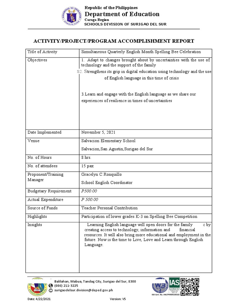 Department of Education: Activity/Project/Program Accomplishment Report ...