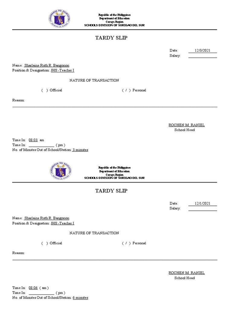 Tardy Slip: Republic of The Philippines Department of Education Caraga ...