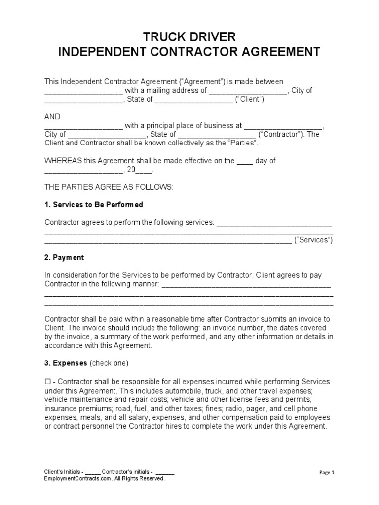 Truck Driver Independent Contractor Agreement | PDF | Liability ...