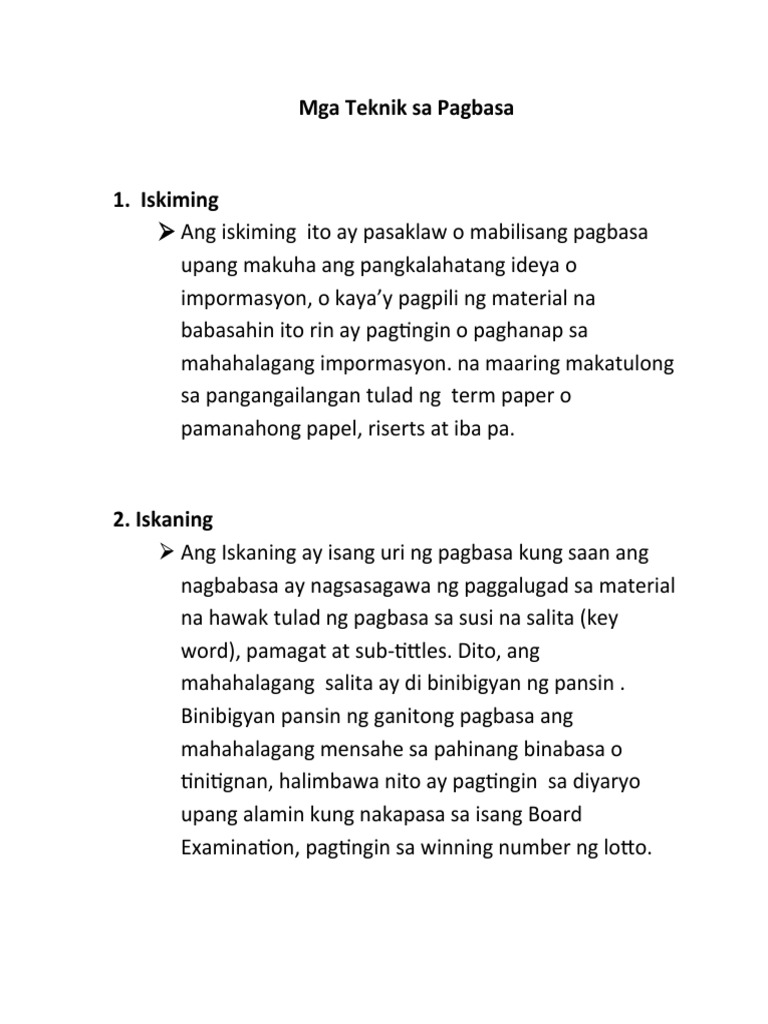 Mga Teknik Sa Pagbasa PPT (BRAGA) | PDF