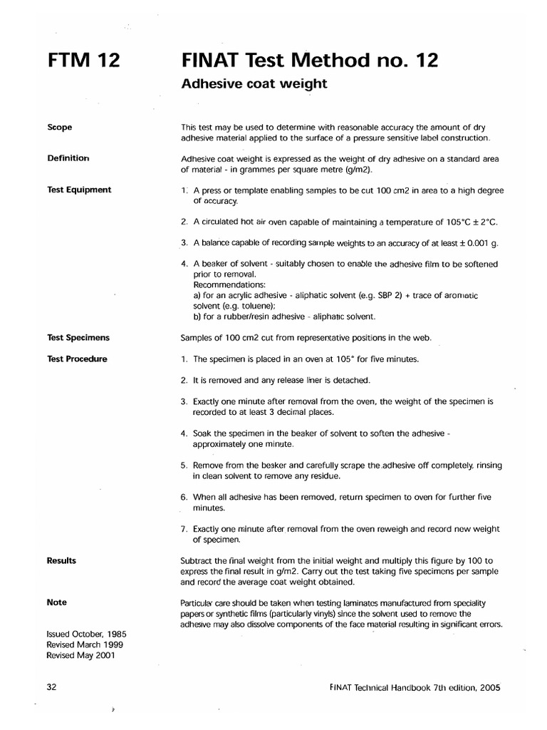 FTM 12 FINAT Test Method No. 12: Adhesive Coat Weight | Download Free ...