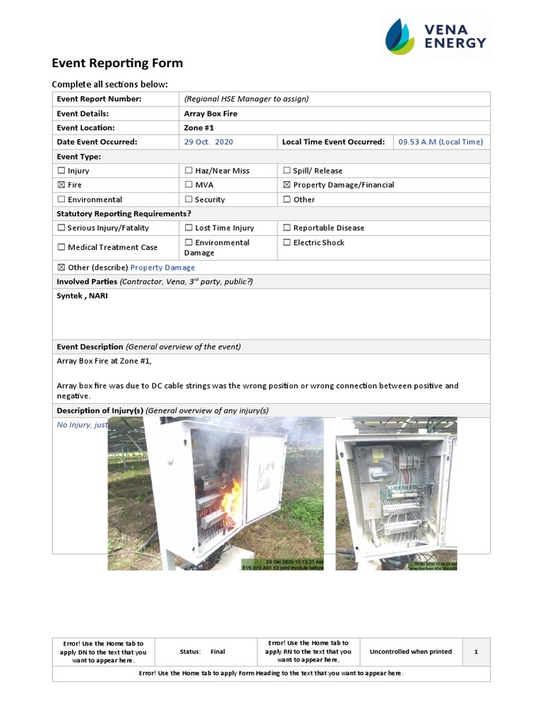 Event Reporting Form: Complete All Sections Below | PDF