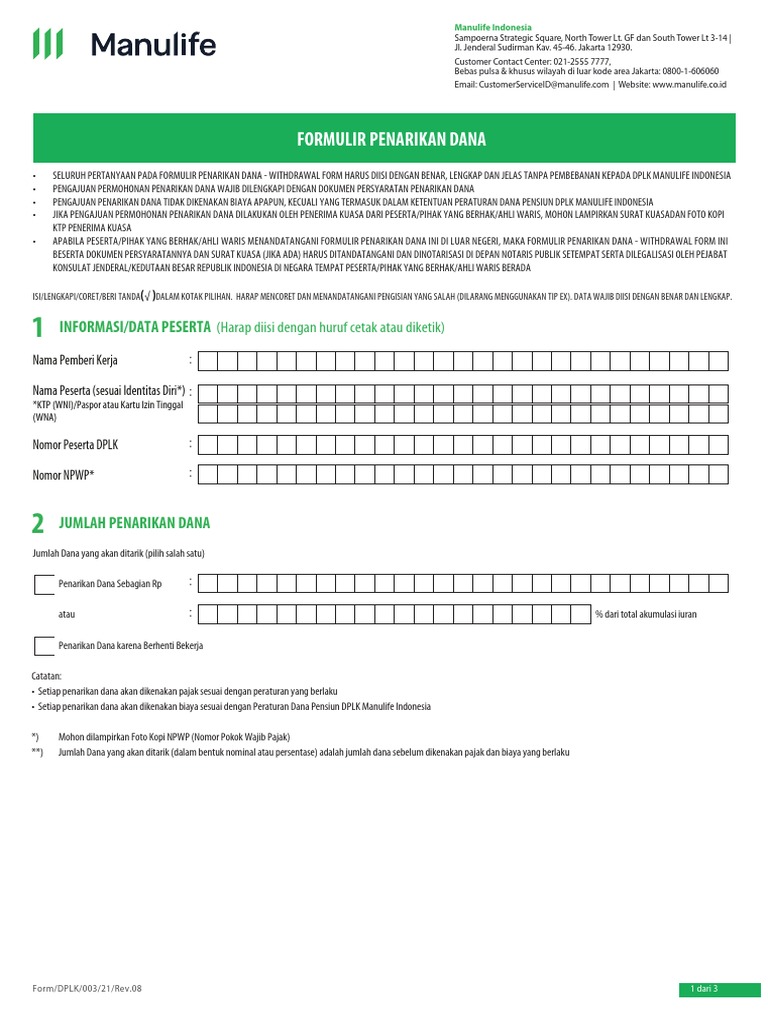 Formulir Penarikan Dana DPLK Manulife | PDF