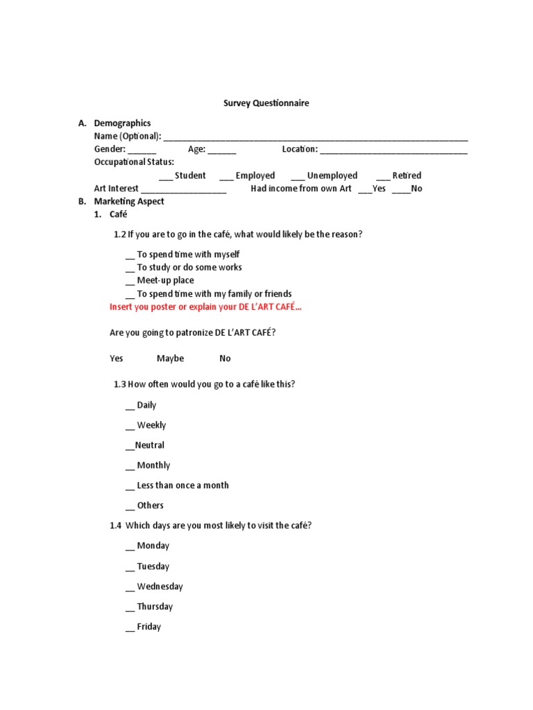 Survey Questionnaire Art Gallery Cafe | PDF | Coffeehouse
