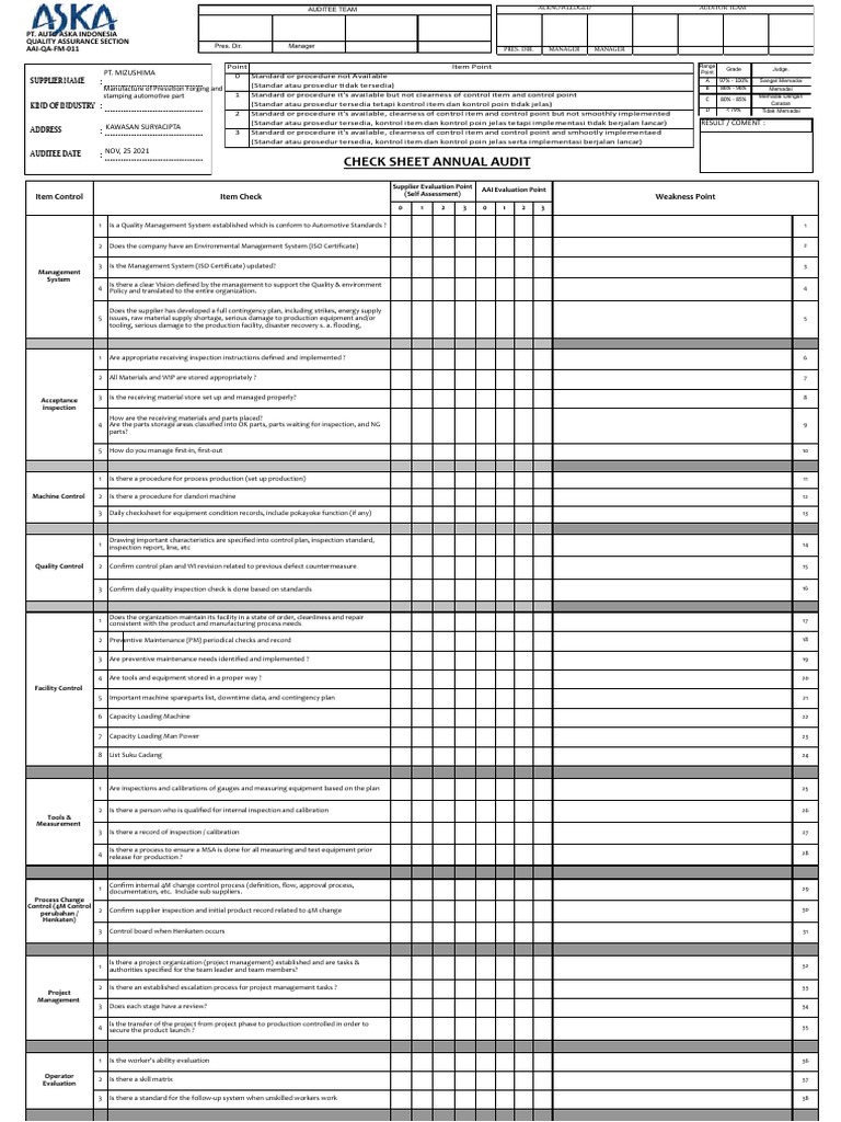 Checklist Audit Supplier (Pt. Fky) Internal | PDF | Audit | Calibration