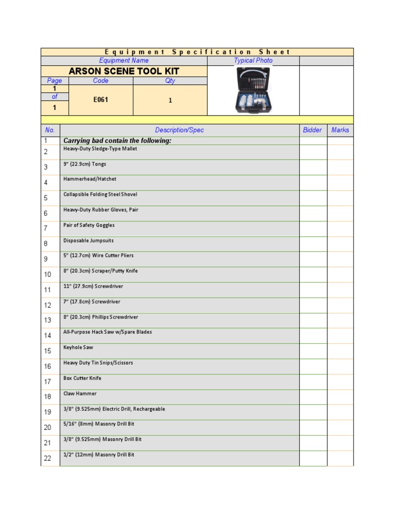 Arson Scene Tool Kit: Equipment Specification Sheet | PDF | Home & Garden