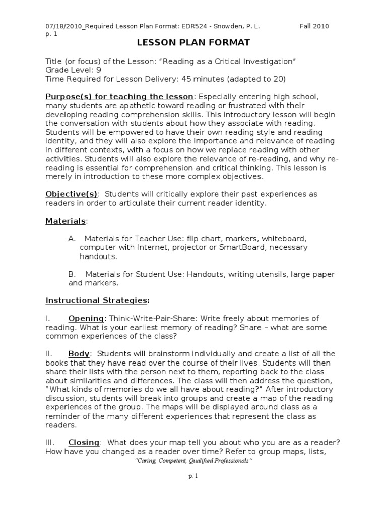 Reading Identity Lesson Plan | PDF | Lesson Plan | Reading Comprehension